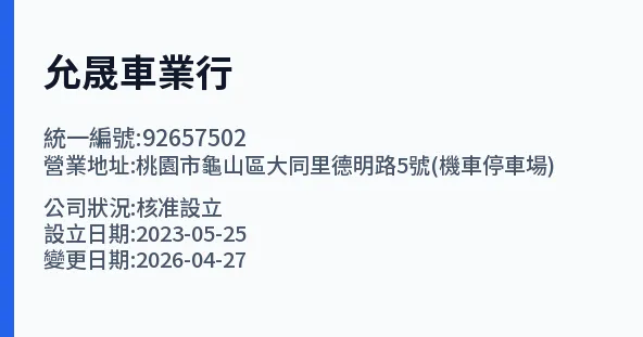 允晟車業行的照片-統編 92657502(桃園市) 公司登記資料與營業項目詳細圖表