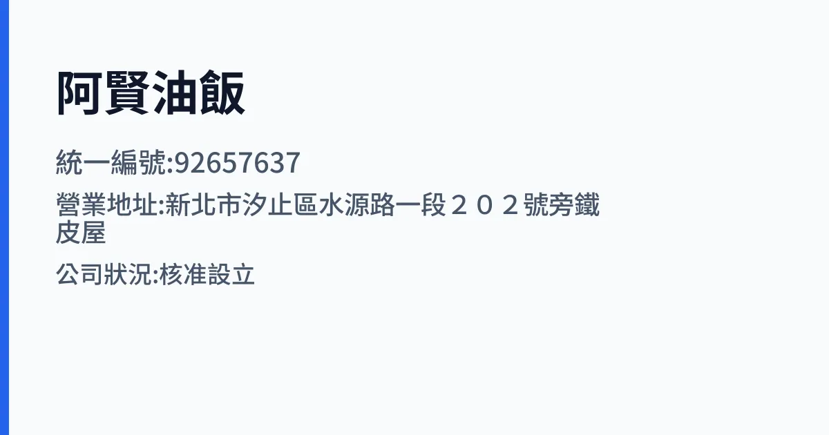 阿賢油飯 - 統編 92657637(新北市) 公司登記資料與營業項目詳細圖表