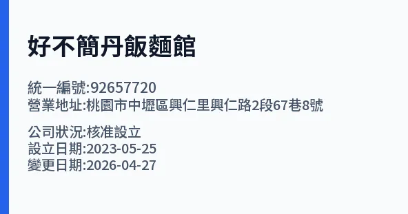 好不簡丹飯麵館的照片-統編 92657720(桃園市) 公司登記資料與營業項目詳細圖表