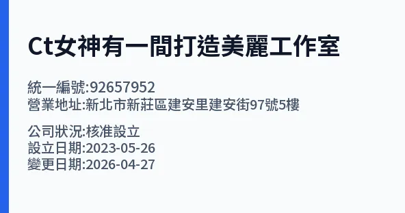 Ct女神有一間打造美麗工作室的照片-統編 92657952(新北市) 公司登記資料與營業項目詳細圖表
