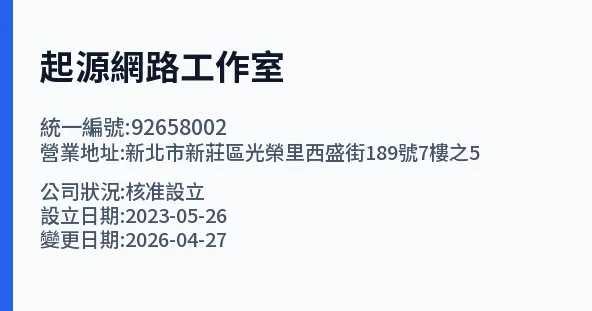 起源網路工作室的照片-統編 92658002(新北市) 公司登記資料與營業項目詳細圖表
