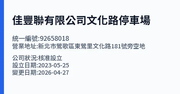 佳豐聯有限公司文化路停車場的照片-統編 92658018(新北市) 公司登記資料與營業項目詳細圖表