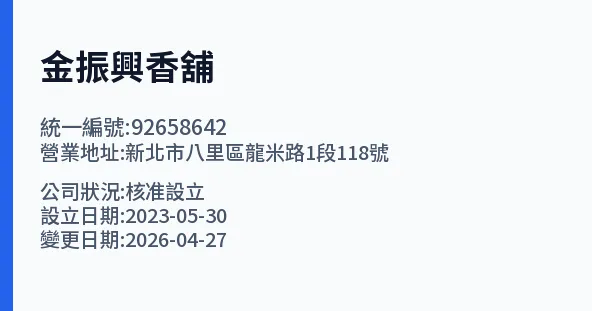金振興香舖的照片-統編 92658642(新北市) 公司登記資料與營業項目詳細圖表