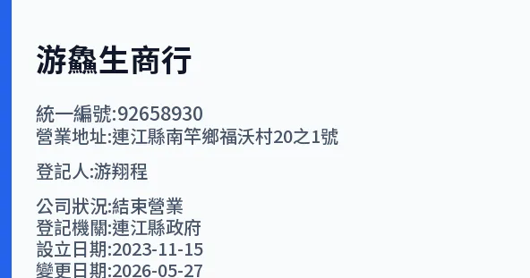 游鱻生商行的照片-統編 92658930(連江縣) 公司登記資料與營業項目詳細圖表