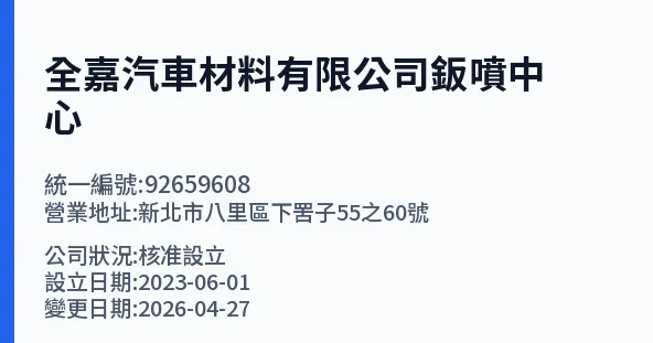 全嘉汽車材料有限公司鈑噴中心的照片-統編 92659608(新北市) 公司登記資料與營業項目詳細圖表