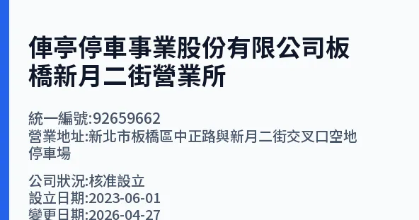 俥亭停車事業股份有限公司板橋新月二街營業所的照片-統編 92659662(新北市) 公司登記資料與營業項目詳細圖表