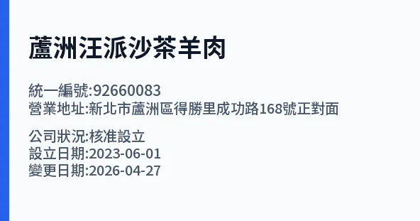 蘆洲汪派沙茶羊肉的照片-統編 92660083(新北市) 公司登記資料與營業項目詳細圖表