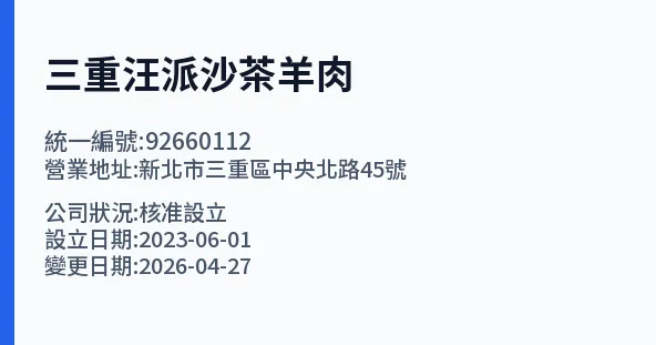 三重汪派沙茶羊肉的照片-統編 92660112(新北市) 公司登記資料與營業項目詳細圖表