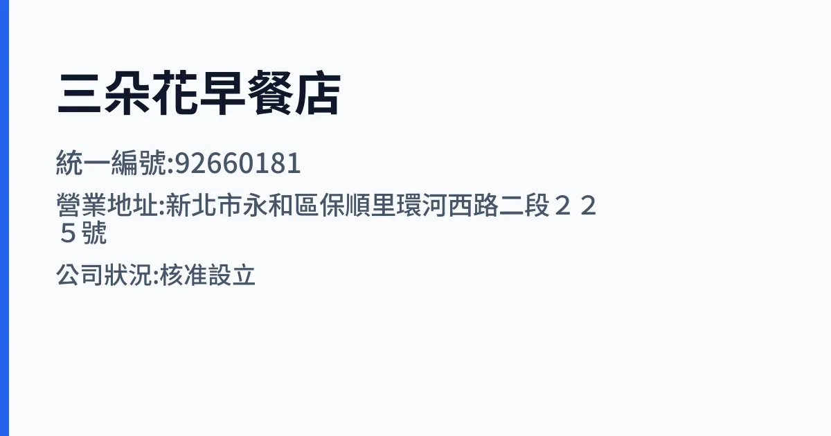 三朵花早餐店 - 統編 92660181(新北市) 公司登記資料與營業項目詳細圖表