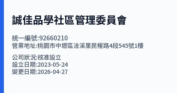 誠佳品學社區管理委員會的照片-統編 92660210(桃園市) 公司登記資料與營業項目詳細圖表
