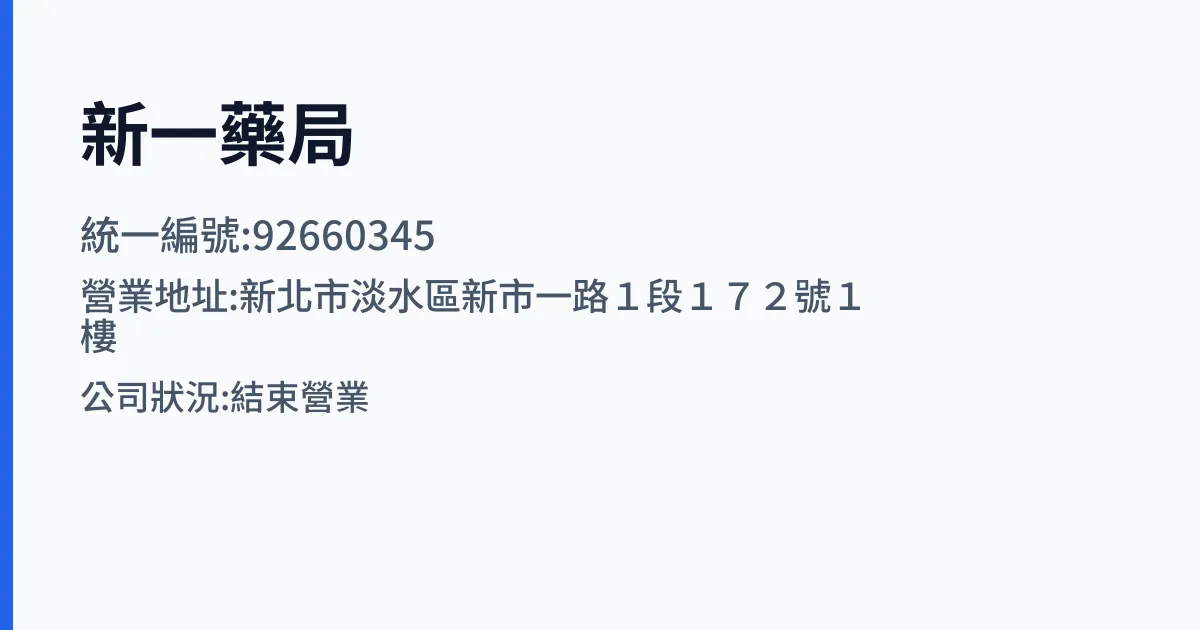 新一藥局 - 統編 92660345(新北市) 公司登記資料與營業項目詳細圖表