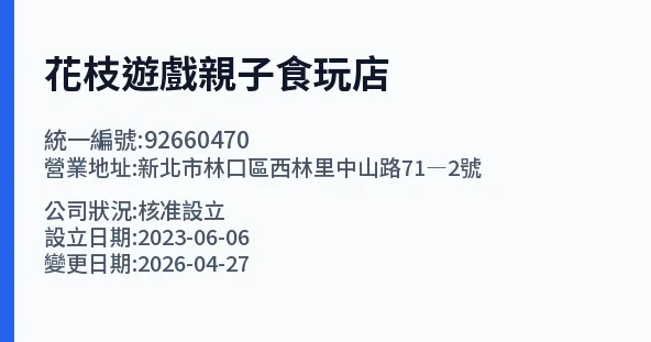 花枝遊戲親子食玩店的照片-統編 92660470(新北市) 公司登記資料與營業項目詳細圖表
