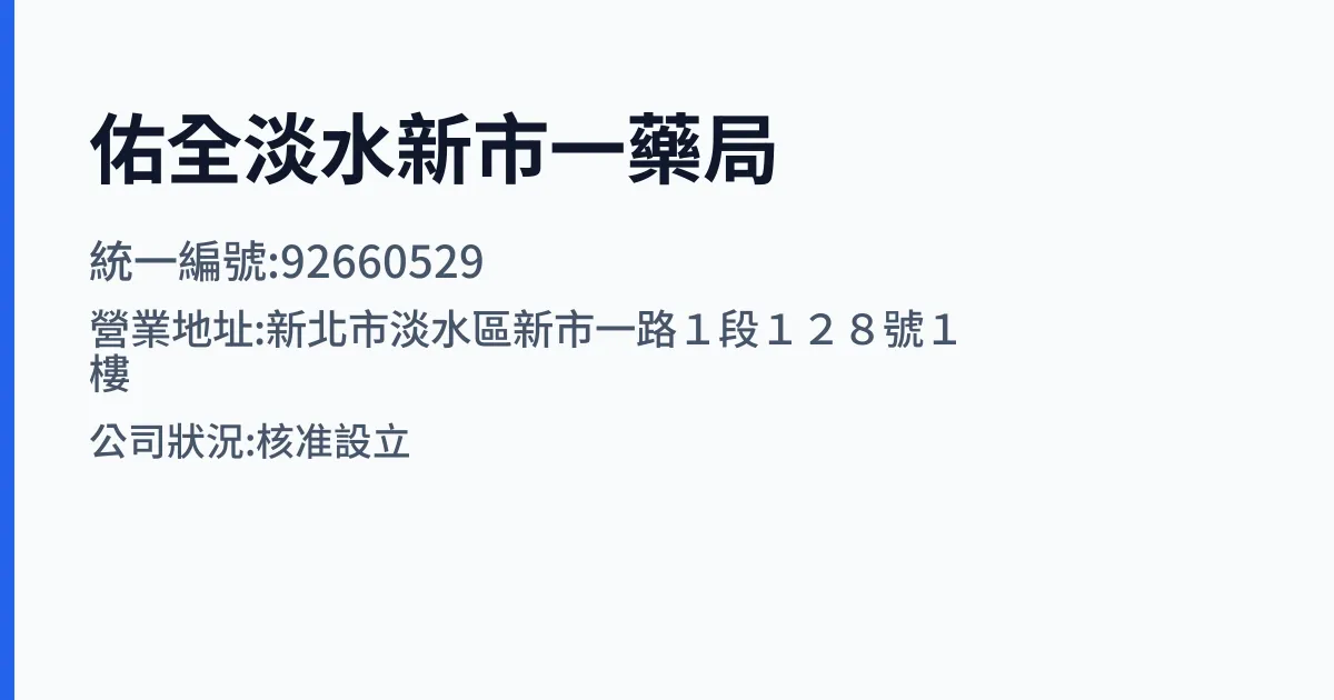 佑全淡水新市一藥局 - 統編 92660529(新北市) 公司登記資料與營業項目詳細圖表