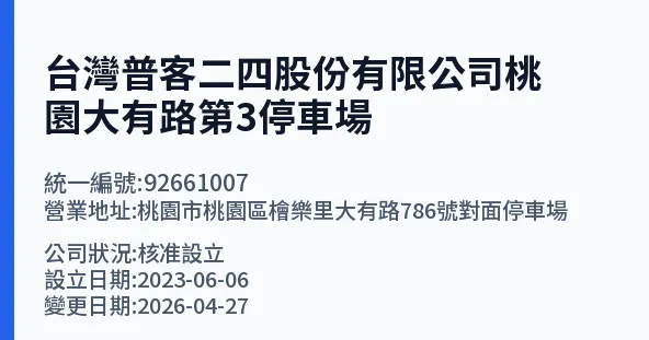 台灣普客二四股份有限公司桃園大有路第3停車場的照片-統編 92661007(桃園市) 公司登記資料與營業項目詳細圖表