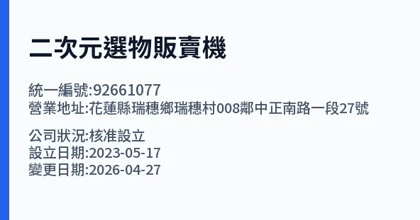 二次元選物販賣機的照片-統編 92661077(花蓮縣) 公司登記資料與營業項目詳細圖表