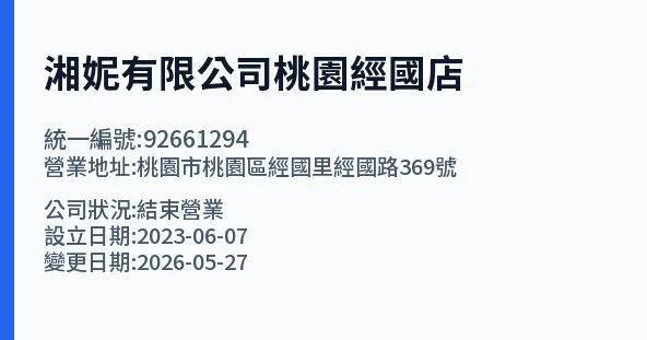 湘妮有限公司桃園經國店的照片-統編 92661294(桃園市) 公司登記資料與營業項目詳細圖表