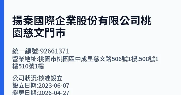 揚秦國際企業股份有限公司桃園慈文門市的照片-統編 92661371(桃園市) 公司登記資料與營業項目詳細圖表