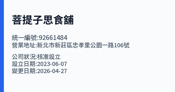 菩提子思食舖的照片-統編 92661484(新北市) 公司登記資料與營業項目詳細圖表
