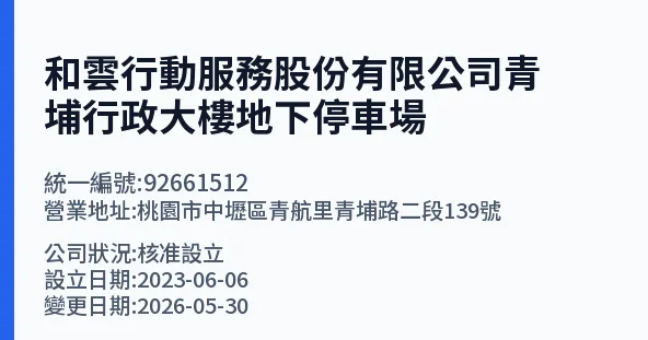 和雲行動服務股份有限公司青埔行政大樓地下停車場的照片-統編 92661512(桃園市) 公司登記資料與營業項目詳細圖表
