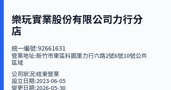 樂玩實業股份有限公司力行分店的照片-統編 92661631(新竹市) 公司登記資料與營業項目詳細圖表