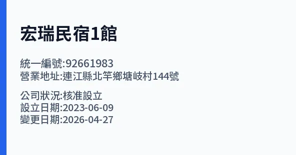 宏瑞民宿1館的照片-統編 92661983(連江縣) 公司登記資料與營業項目詳細圖表