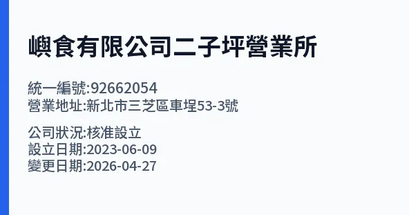 嶼食有限公司二子坪營業所的照片-統編 92662054(新北市) 公司登記資料與營業項目詳細圖表