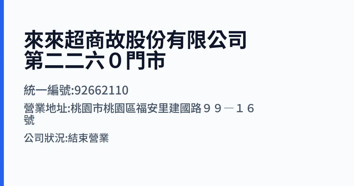 來來超商故股份有限公司第二二六０門市 - 統編 92662110(桃園市) 公司登記資料與營業項目詳細圖表