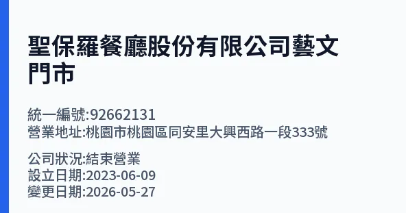 聖保羅餐廳股份有限公司藝文門市的照片-統編 92662131(桃園市) 公司登記資料與營業項目詳細圖表