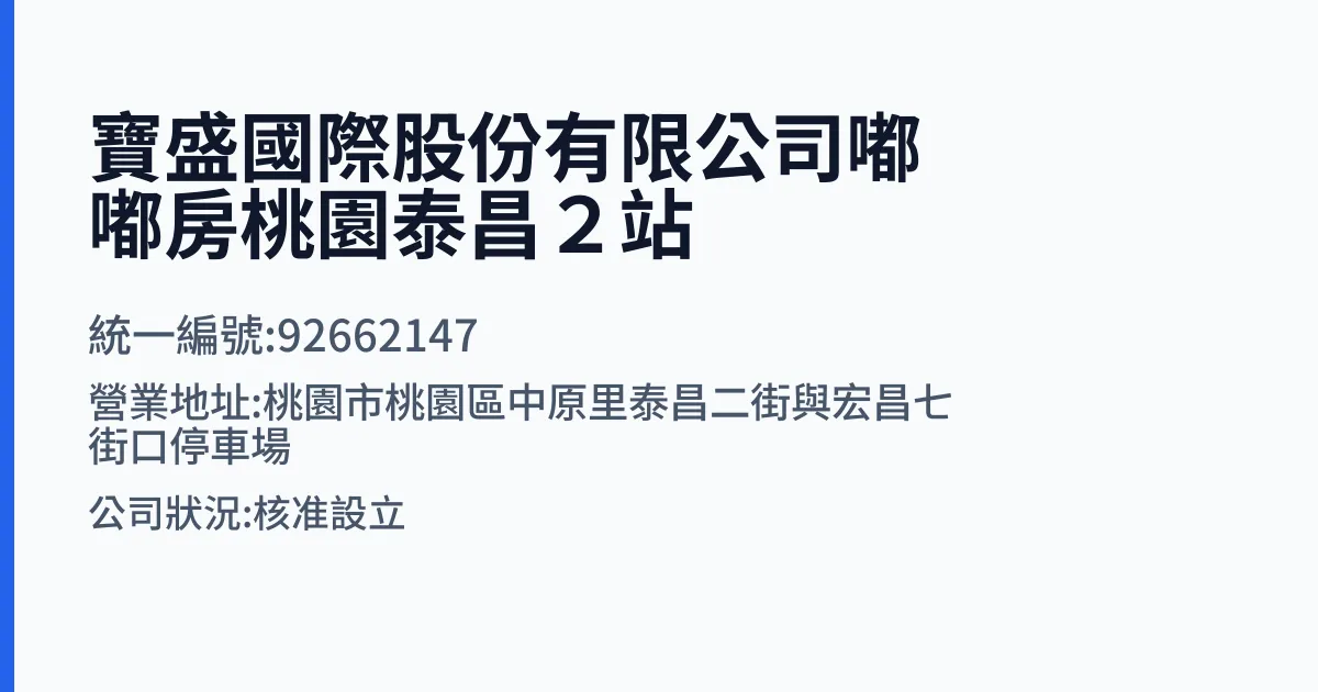 寶盛國際股份有限公司嘟嘟房桃園泰昌2站 - 統編 92662147(桃園市) 公司登記資料與營業項目詳細圖表