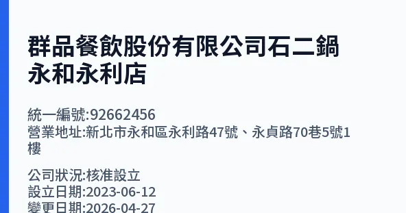 群品餐飲股份有限公司石二鍋永和永利店的照片-統編 92662456(新北市) 公司登記資料與營業項目詳細圖表