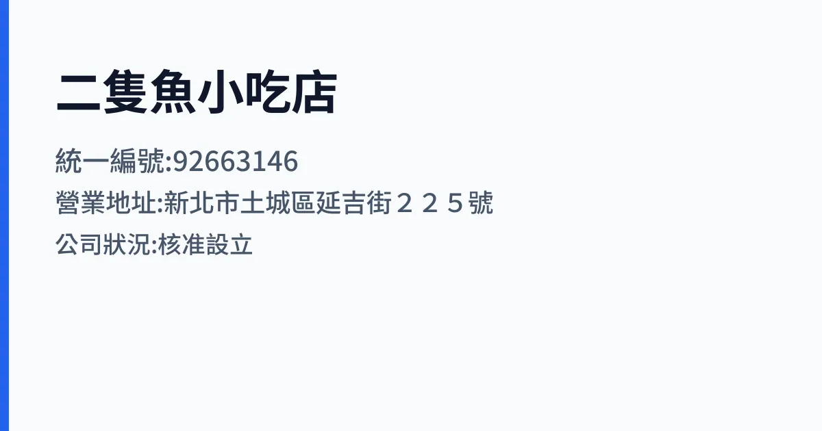 二隻魚小吃店 - 統編 92663146(新北市) 公司登記資料與營業項目詳細圖表