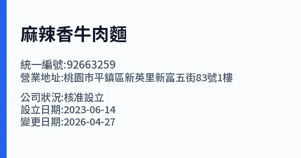 麻辣香牛肉麵的照片-統編 92663259(桃園市) 公司登記資料與營業項目詳細圖表