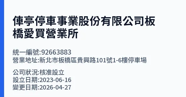 俥亭停車事業股份有限公司板橋愛買營業所的照片-統編 92663883(新北市) 公司登記資料與營業項目詳細圖表