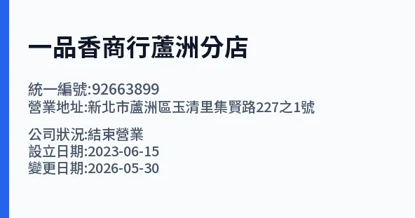 一品香商行蘆洲分店的照片-統編 92663899(新北市) 公司登記資料與營業項目詳細圖表