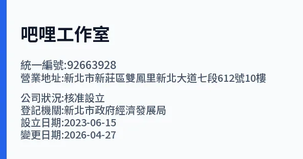 吧哩工作室的照片-統編 92663928(新北市) 公司登記資料與營業項目詳細圖表