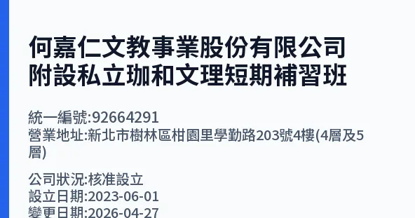 何嘉仁文教事業股份有限公司附設私立珈和文理短期補習班的照片-統編 92664291(新北市) 公司登記資料與營業項目詳細圖表