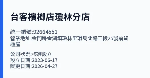 台客檳榔店瓊林分店的照片-統編 92664551(金門縣) 公司登記資料與營業項目詳細圖表