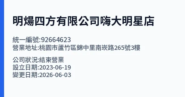 明煬四方有限公司嗨大明星店的照片-統編 92664623(桃園市) 公司登記資料與營業項目詳細圖表