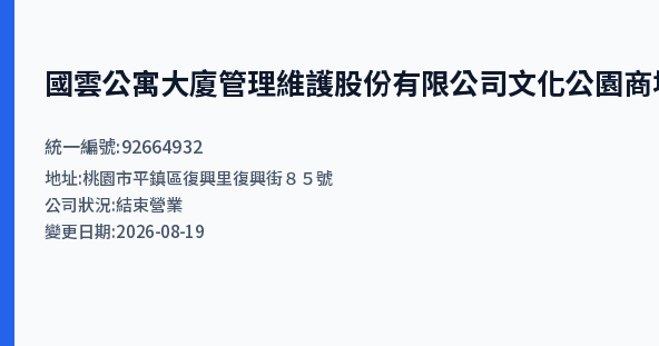 國雲公寓大廈管理維護股份有限公司文化公園商場的照片-統編 92664932(桃園市) 公司登記資料與營業項目詳細圖表