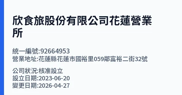 欣食旅股份有限公司花蓮營業所的照片-統編 92664953(花蓮縣) 公司登記資料與營業項目詳細圖表