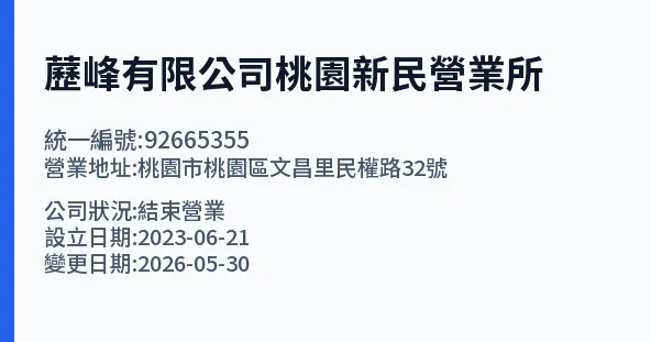 藶峰有限公司桃園新民營業所的照片-統編 92665355(桃園市) 公司登記資料與營業項目詳細圖表