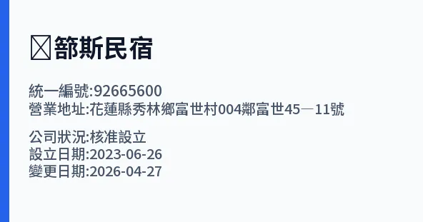箼篰斯民宿的照片-統編 92665600(花蓮縣) 公司登記資料與營業項目詳細圖表