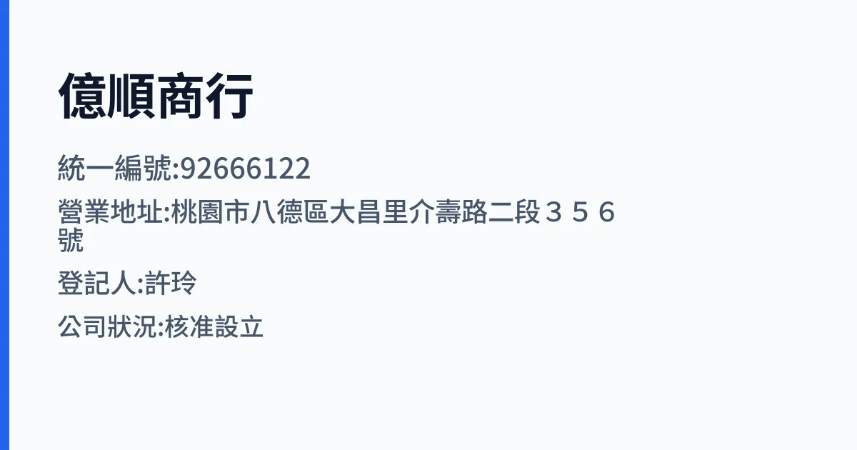 億順商行 - 統編 92666122(桃園市) 公司登記資料與營業項目詳細圖表