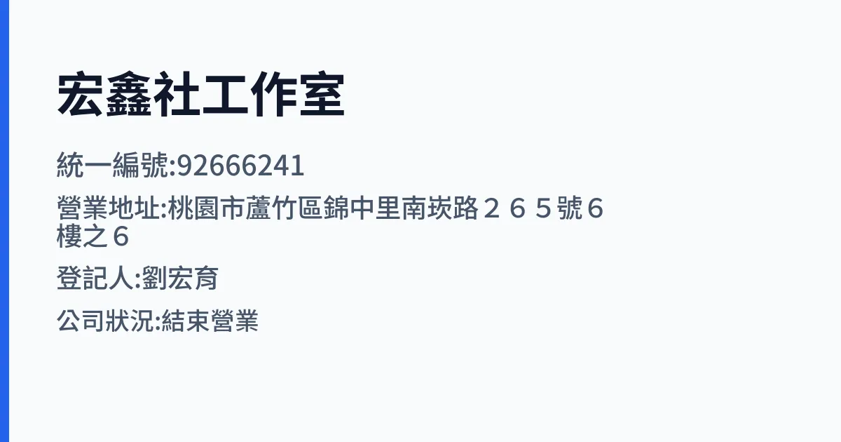 宏鑫社工作室 - 統編 92666241(桃園市) 公司登記資料與營業項目詳細圖表