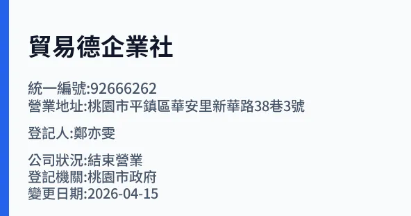 貿易德企業社的照片-統編 92666262(桃園市) 公司登記資料與營業項目詳細圖表