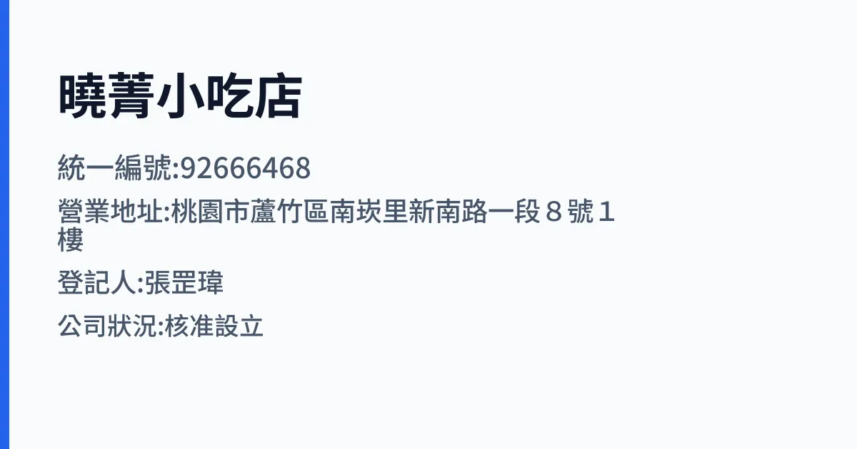 曉菁小吃店 - 統編 92666468(桃園市) 公司登記資料與營業項目詳細圖表
