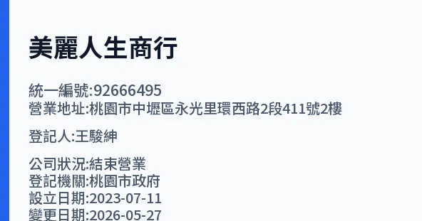 美麗人生商行的照片-統編 92666495(桃園市) 公司登記資料與營業項目詳細圖表
