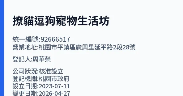 撩貓逗狗寵物生活坊的照片-統編 92666517(桃園市) 公司登記資料與營業項目詳細圖表