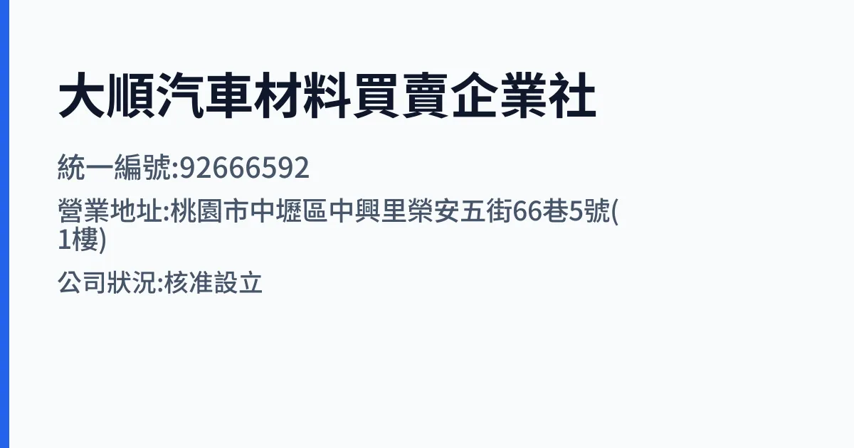 大順汽車材料買賣企業社 - 統編 92666592(桃園市) 公司登記資料與營業項目詳細圖表