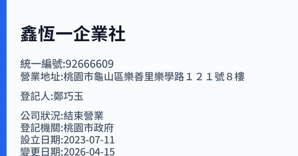 鑫恆一企業社的照片-統編 92666609(桃園市) 公司登記資料與營業項目詳細圖表